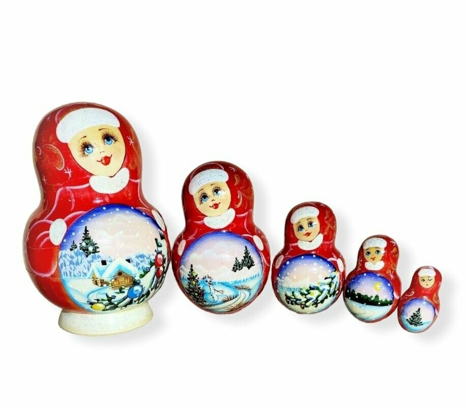 Матрешка авторская "Новогодняя" 5 в 1 красная; Высота 13 см. С миниатюрой