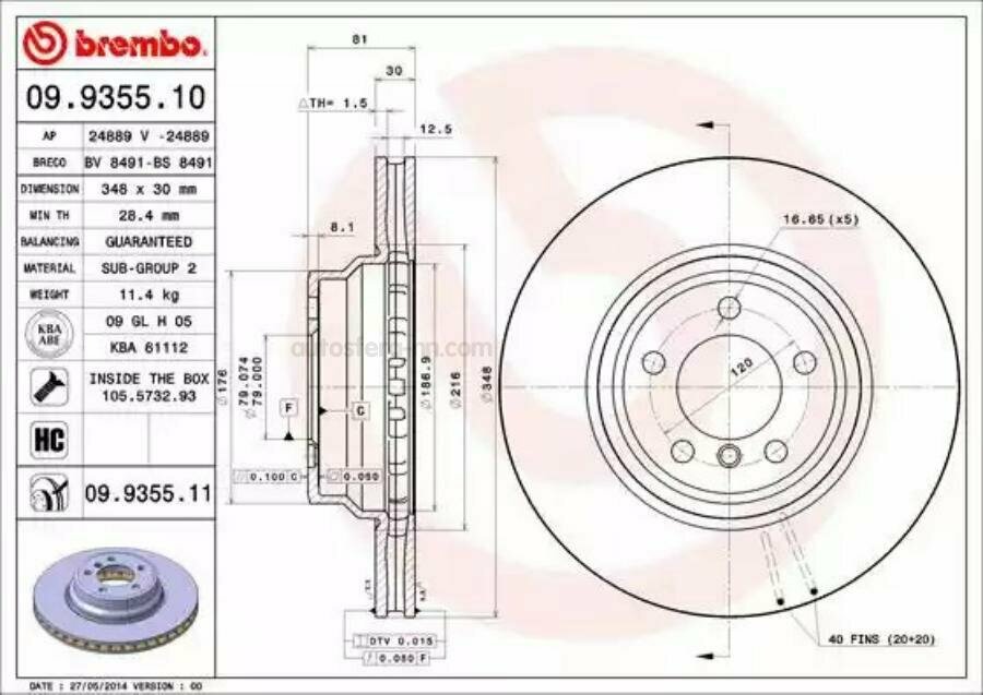 BREMBO 09935511 Диск тормозной передн BMW 7 (E65, E66) (11/01-) F