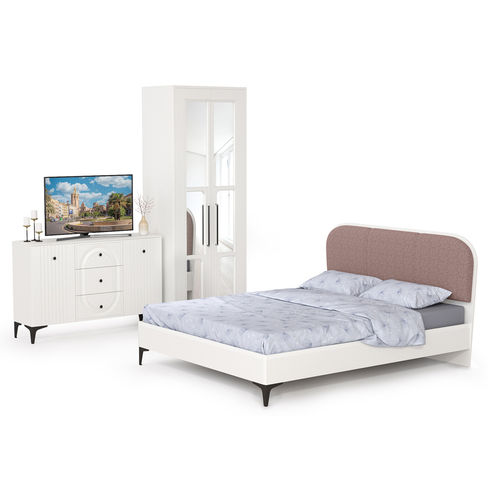 Белая спальня Валенсия № 17 кровать 11600 с мягкой спинкой, цвет белый шагрень