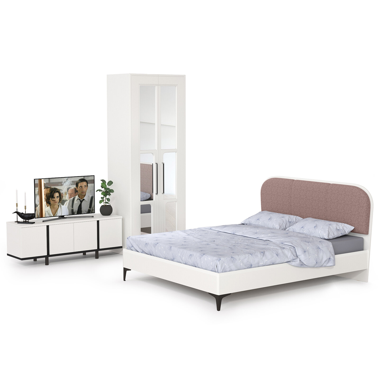 Мебель в спальню Валенсия № 26 кровать 11600 с мягкой спинкой и ТВ-тумба, цвет белый шагрень/чёрный