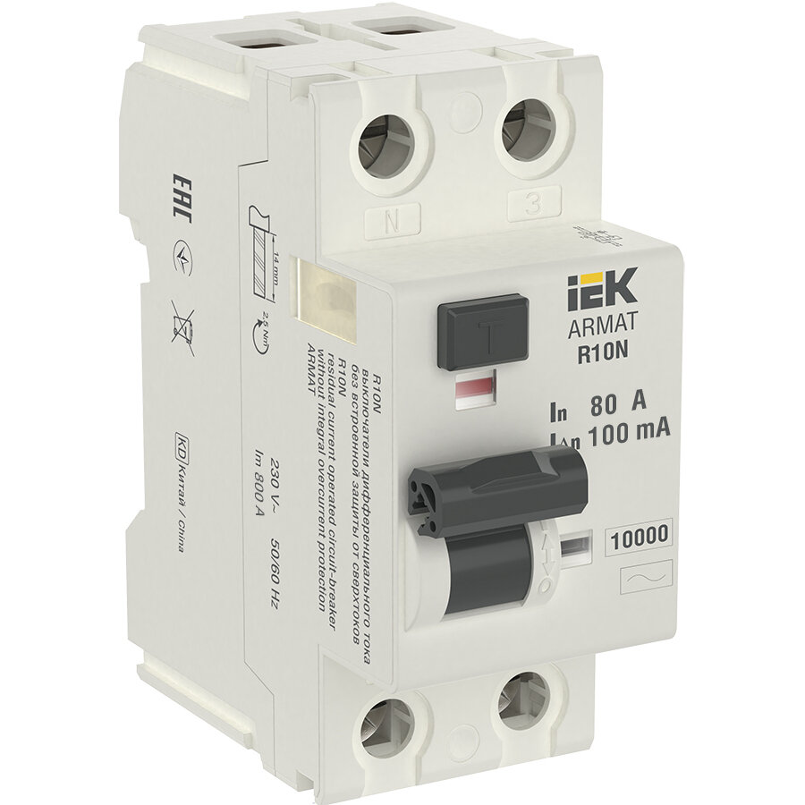 ARMAT Выключатель дифференциального тока R10N (УЗО) 2п 80А 100мА тип AC , IEK AR-R10N-2-080C100 (1 шт.)