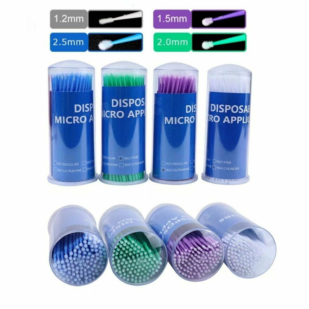 Набор 4 уп Микробраши косметические: Аппликаторы стоматологические, В комплекте 4 уп ; 1 уп : 100шт . CYLINDER (1.2 mm) ULTRAFINE (1.5mm)FINE (2 mm) REGULAR (2.5mm ). от NeoHealth