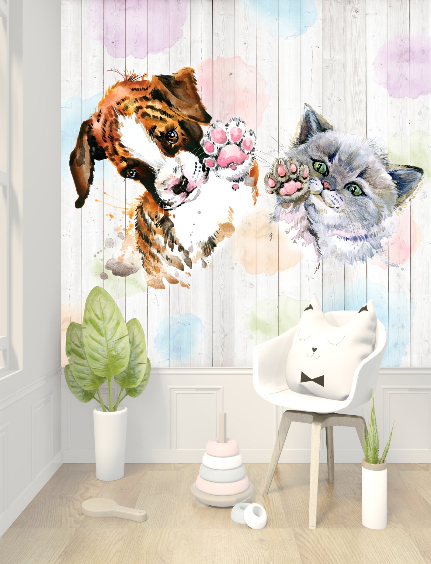 Фотообои "Котенок и щенок" 200*200 см /Фотообои на стену с животными