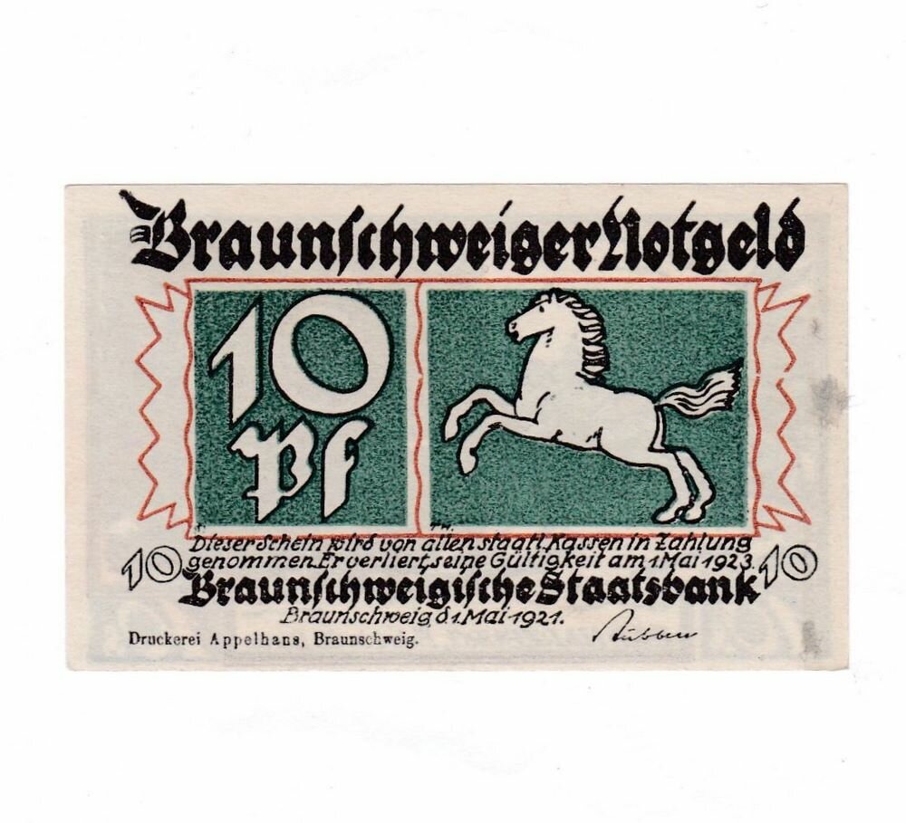 Германия (Веймарская Республика) Брауншвейг 10 пфеннигов 01.05.1921 г. (Вид 1)