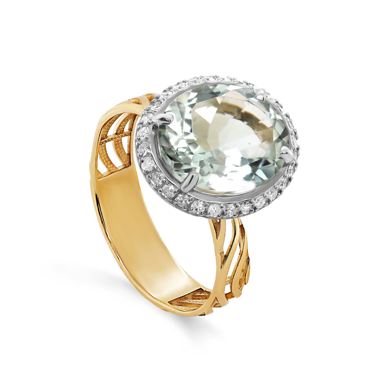 Кольцо, желтое золото, 585 проба, бриллиант, празиолит