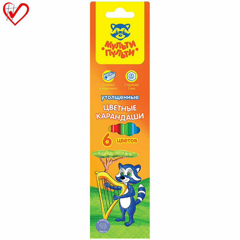 Карандаши цветные Мульти-Пульти "Енот в саванне", 06цв, утолщ, заточен, картон, европ, с точилкой, 240115