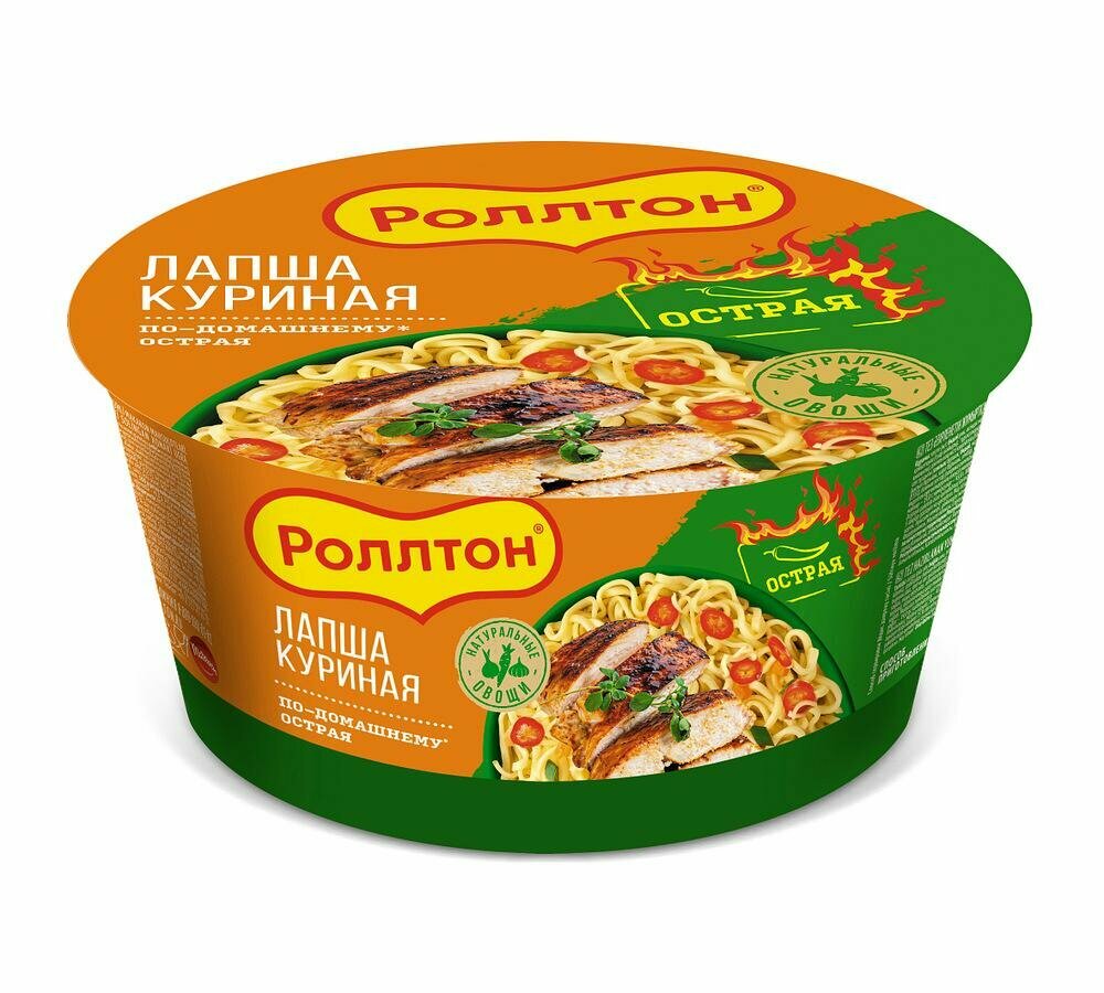 Упаковка 24 штуки Лапша Роллтон по-домашнему куриная острая чашка 90г