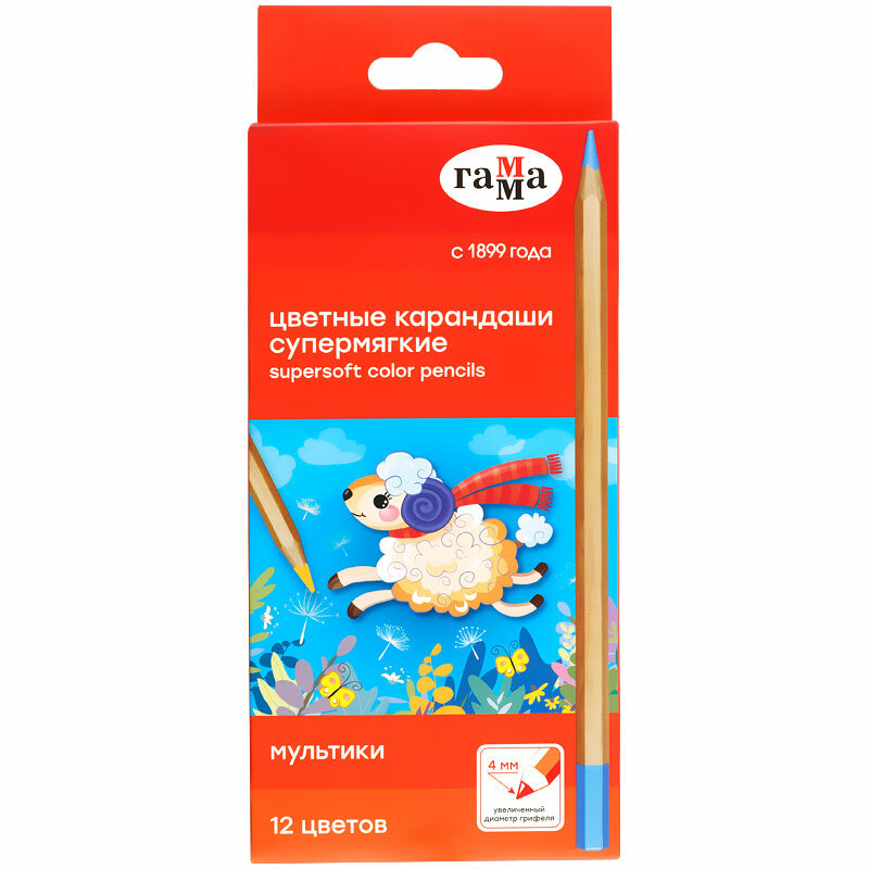 Карандаши цветные Гамма 12 цветов, супермягкие, 4 мм, картонная упаковка, европодвес (80220216)