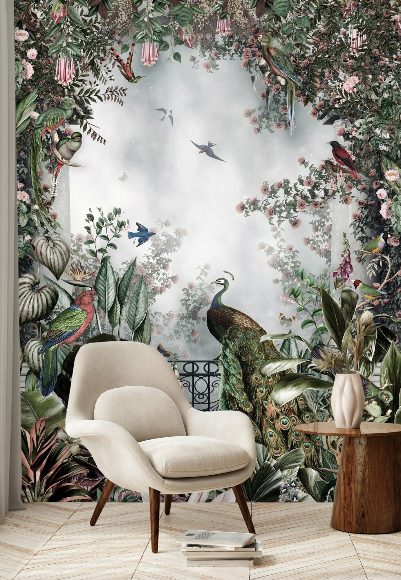 Фотообои "Цветочная арка с павлином" 200*260 см