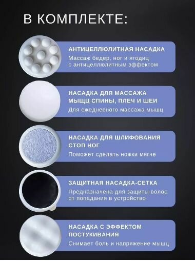 Антицеллюлитный массажер для тела, ног, ягодиц, живота, цвет бело-синий / Электрический вибромассажер с 4 насадками