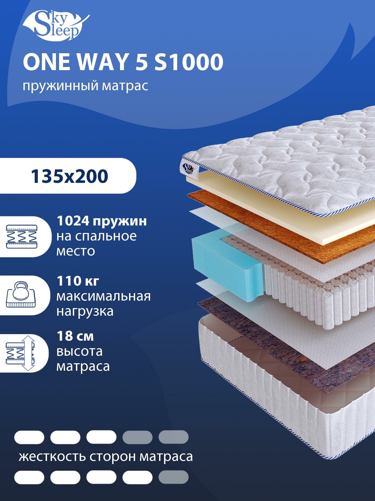 Односторонний ортопедический матрас SkySleep ONE WAY 5 S1000 на кровать 135x200