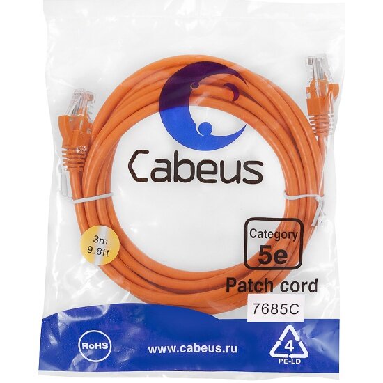 Патч-корд Cabeus U/UTP PC-UTP-RJ45-Cat.5e-3m-OR категория 5е, 2xRJ45/8p8c, неэкранированный, оранжевый, PVC, 3м