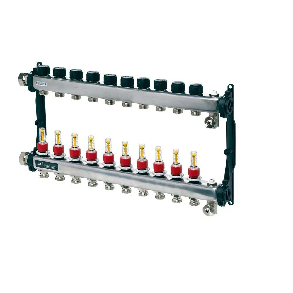 Коллектор для теплого пола Tece (77310010) 1 ВР(г) х 10 выходов 3/4 НР(ш) ЕК х 1 ВР(г) с расходомерами
