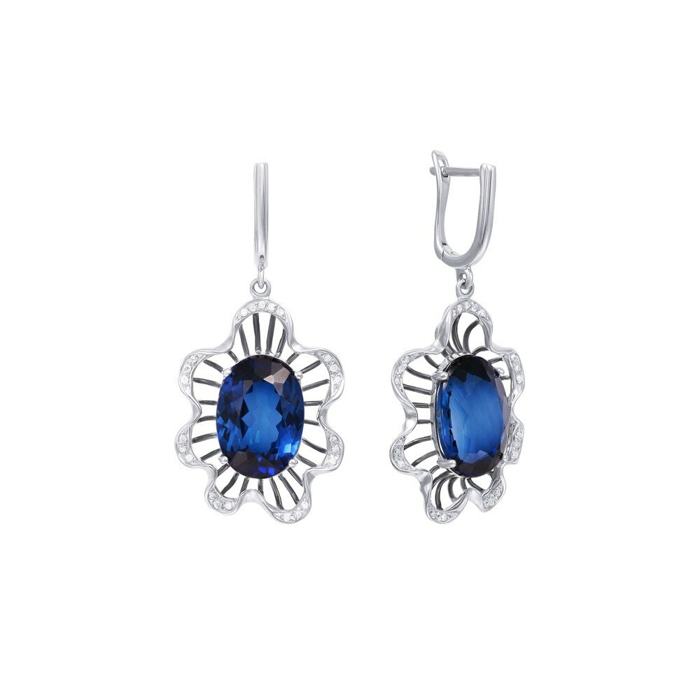 Серьги, белое золото, 585 проба, сапфир, бриллиант