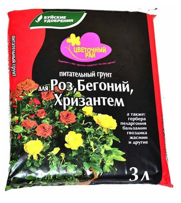 Грунт Буйские удобрения "Цветочный рай" для роз, бегоний и хризантем, 3 л