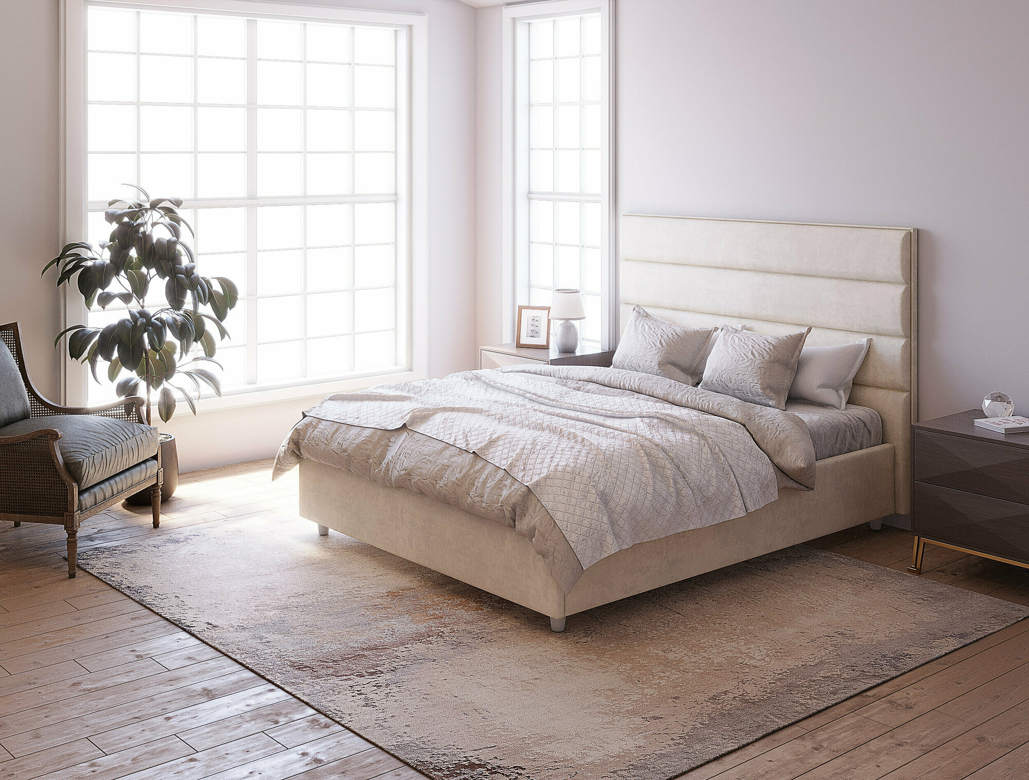 Двуспальная кровать 120х200, "City" с мягким изголовьем для дома, для спальни, ортопедическое основание. Велюр Белый (без подъёмного механизма) Teddy 001