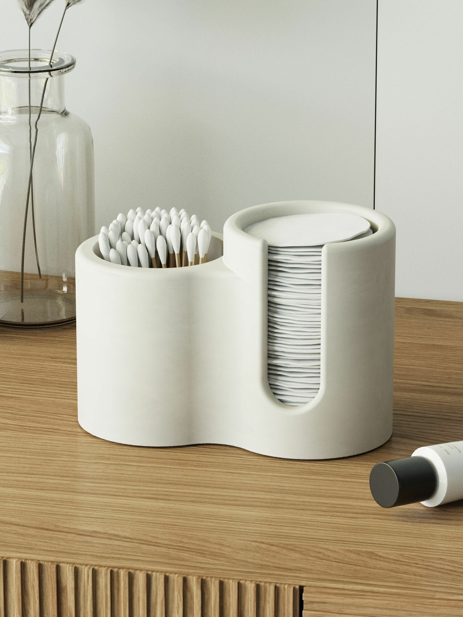 Контейнер для ватных дисков, органайзер, диспенсер для хранения ватных дисков из бетона Сплит-2 белый