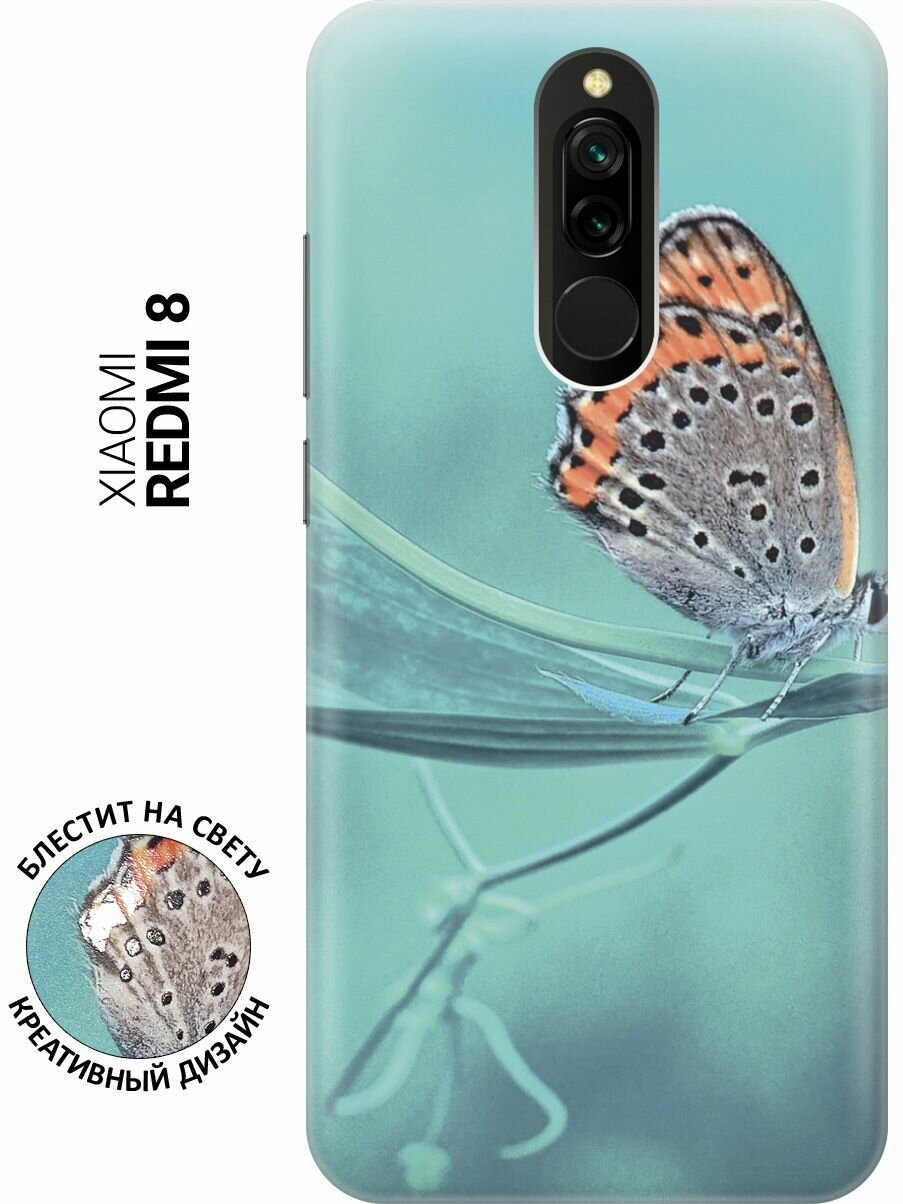 Силиконовый чехол на Xiaomi Redmi 8, Сяоми Редми 8 с эффектом блеска "Бабочка на листке"
