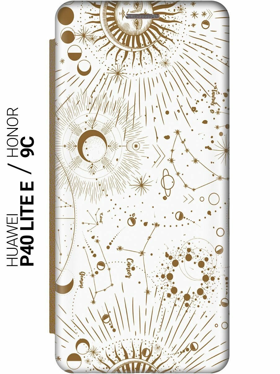 Чехол-книжка на Honor 9C, Huawei P40 Lite E, Хуавей П40 Лайт Е, Хонор 9С c принтом "Карта звездного неба" золотистый