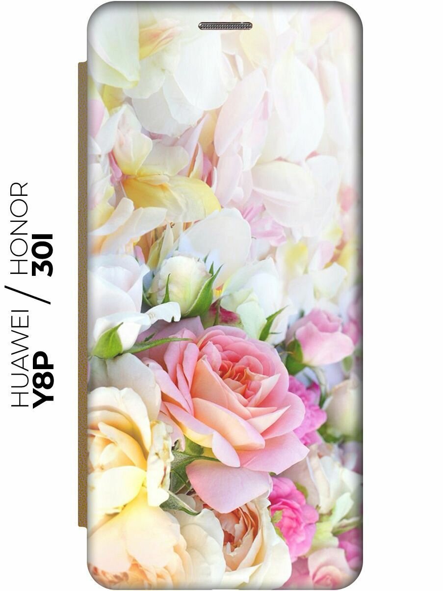 Чехол-книжка Нежные розы на Honor 30i / Huawei Y8P / Хуавей У8Р / Хонор 30ай золотой