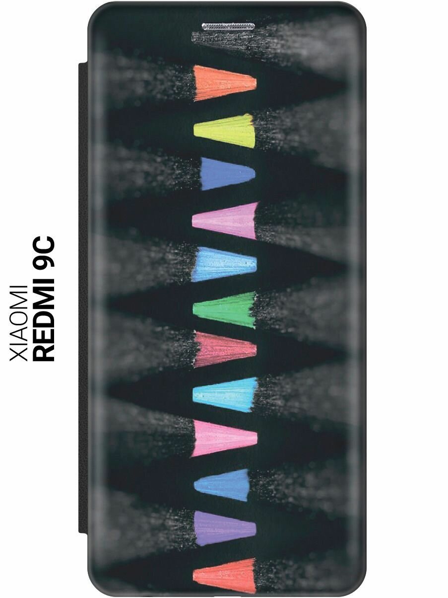 Чехол-книжка на Xiaomi Redmi 9C, Сяоми Редми 9С c принтом "Разноцветные карандаши" черный