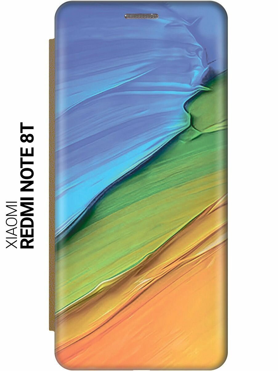 Чехол-книжка на Xiaomi Redmi Note 8T, Сяоми Редми Ноут 8Т c принтом "Желто-синие ткани" золотистый