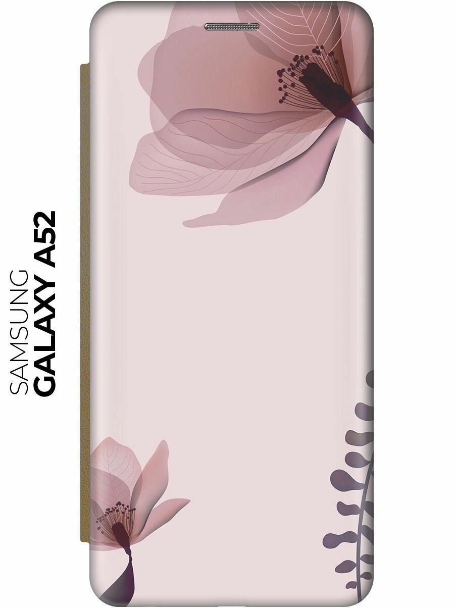 Чехол-книжка Два цветка на розовом на Samsung Galaxy A52 / Самсунг А52 золотой