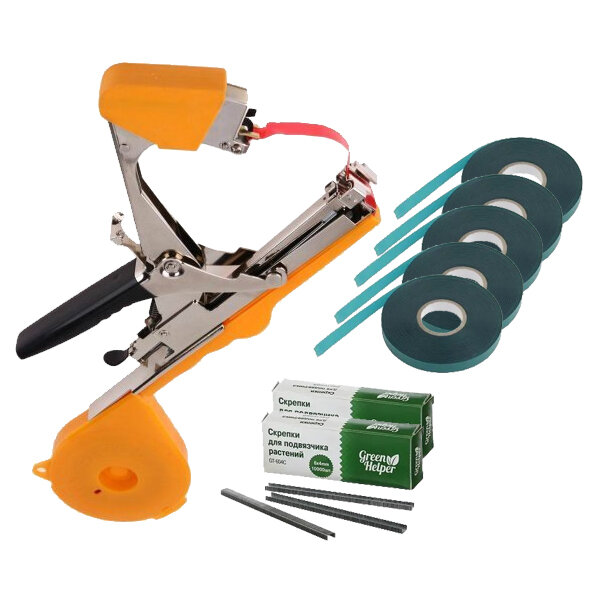 Комплект для подвязки растений: Подвязчик растений Tape tool тип ф , Скрепки для подвязчика 10000 шт 2 упак, Лента для подвязчика 30 м 5 шт