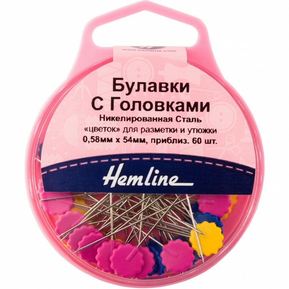Hemline 707 Булавки с головками "Цветок" в пластиковом контейнере, 54 мм, 60 шт