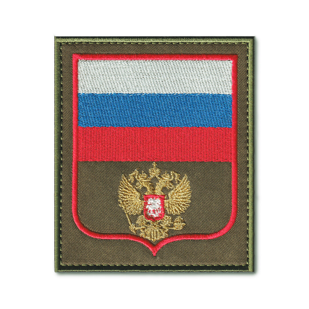 Нашивка ( Шеврон / Патч / Patch ) Тактическая Герб РФ С Триколором 85х100 мм / Металлизированная Нить (Оливковый / На липучке)