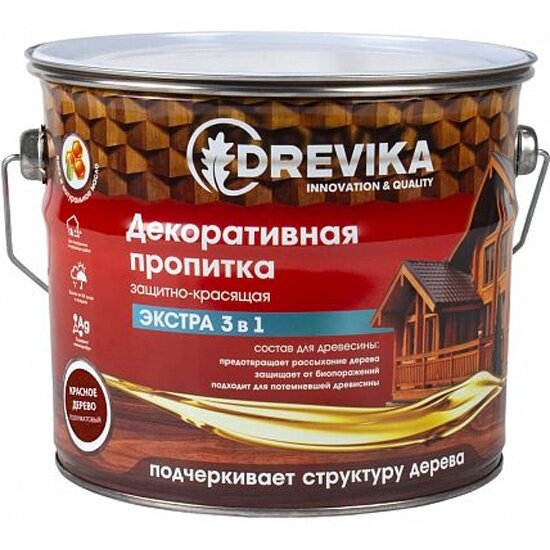 Декоративная пропитка для дерева Drevika Экстра 3 в 1, полуматовая, 3 л, красное дерево