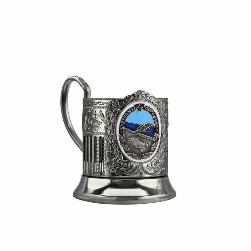 Кольчугинский мельхиор Подстаканник посеребренный и с эмалью "Дорожник" (ПС03321)