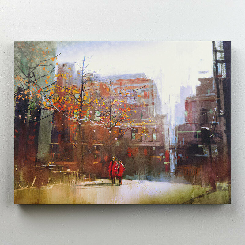 Интерьерная картина на холсте "Пастельная живопись - осенний набросок и влюбленные" размер 30x22 см