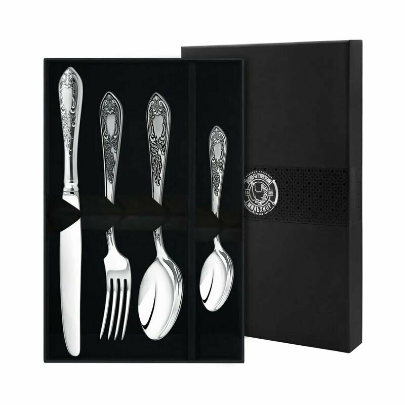 Кольчугинский мельхиор Набор столовый "Эгоист-Жасмин" посеребренный с чернью (КМ0090406)