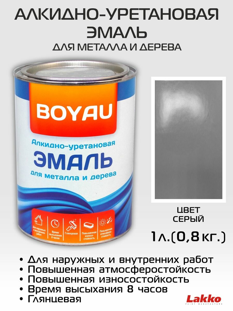 Эмаль Boyau для металла и дерева, глянцевая, алкидно уретановая, серая, 1 л