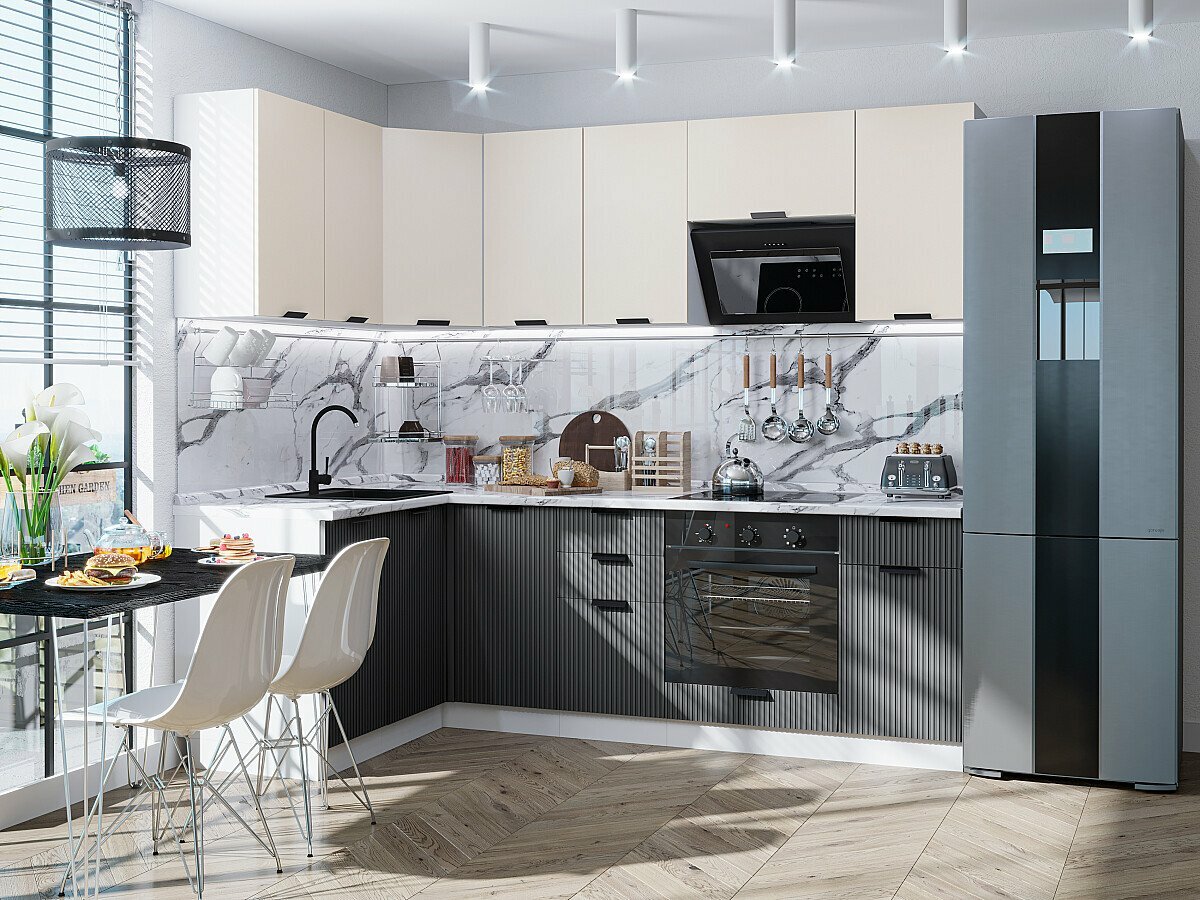 Кухня Евро Лайн-05, цвет фасада Агат/Антрацит, цвет каркаса Белый, 2140*1400/2400*600 мм