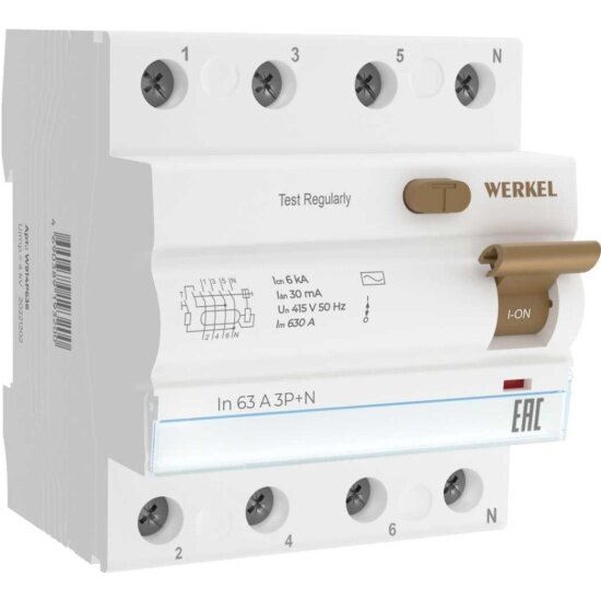 Устройство защитного отключения Werkel 3P+N 63A 30mА АС 6kА W914P636 4690389193200