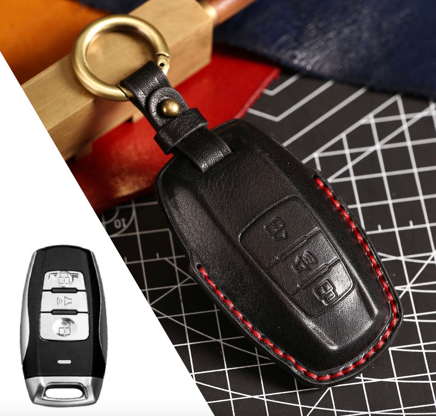 Чехол черный на 3 кнопки MyPads M-269418 из натуральной кожи для ключа автомобиля класса люкс Haval Jolion H6 3rd M6 F7x H7