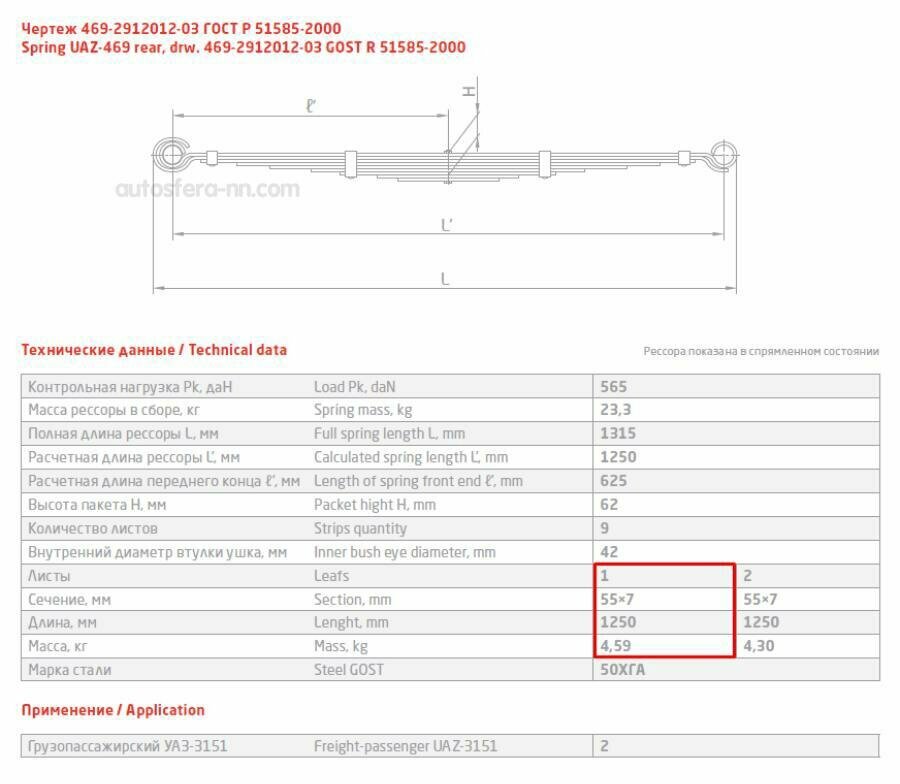 CHMZ 469291201503 Лист №1 задней рессоры с втулками УАЗ-469 (ЧМЗ АО, г. Чусовой)