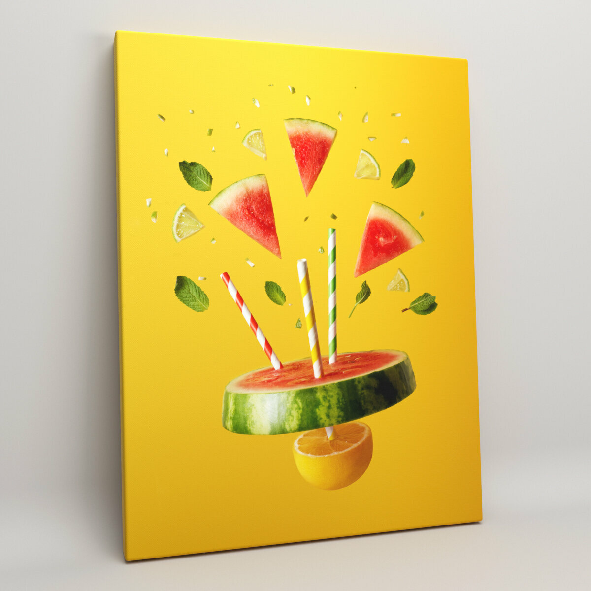 Картина на холсте (интерьерный постер) "Арбузный фреш" для кухни, кафе и ресторанов, с деревянным подрамником, размер 30x40 см