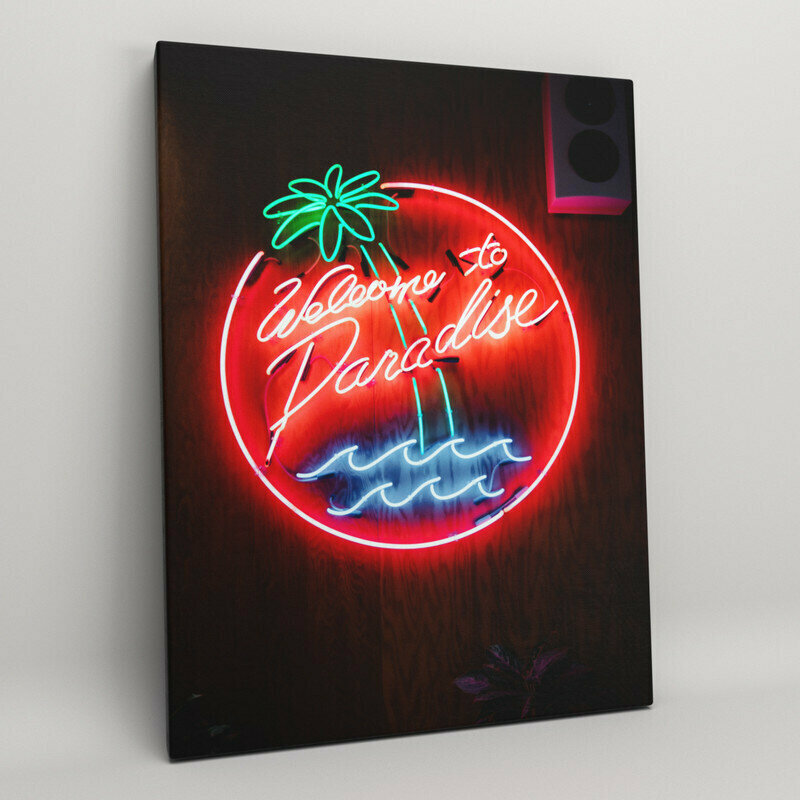 Картина на холсте (интерьерный постер) "Неоновая вывеска - Welcome to Paradise - Добро пожаловать в рай", с деревянным подрамником, размер 22x30 см