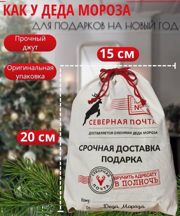 Подарочный мешок "Новогодний мешок от Деда Мороза", завязки и шнурок, 15 см x 20 см