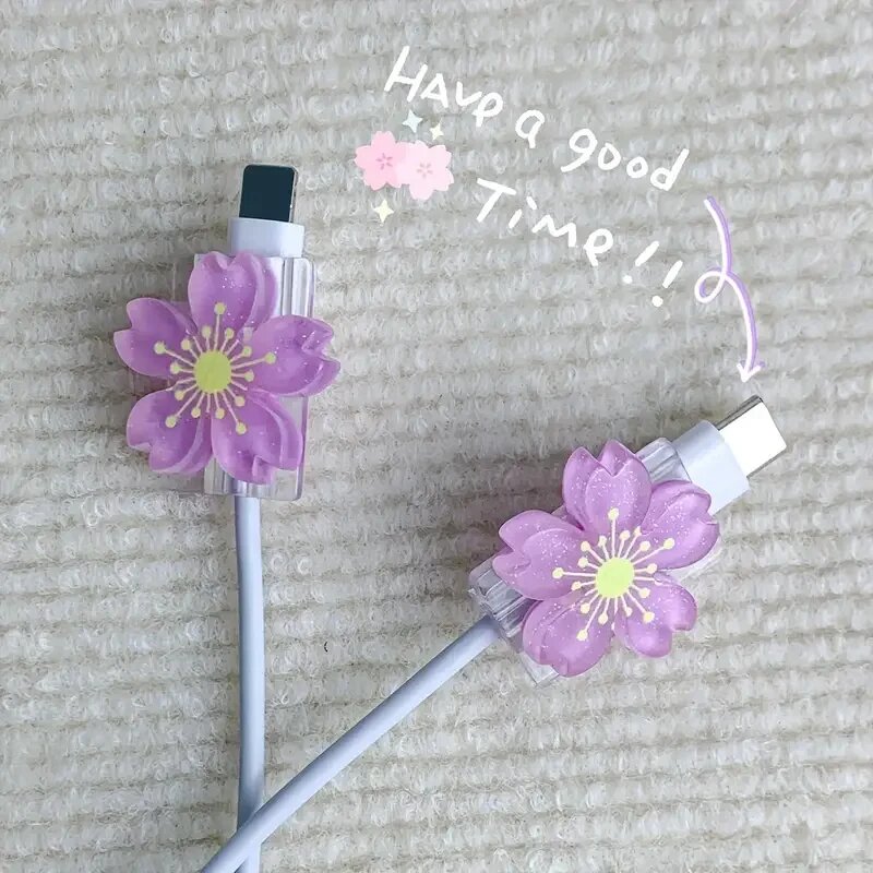 Чехол для кабеля iPhone с цветком сакуры, фиолетовый