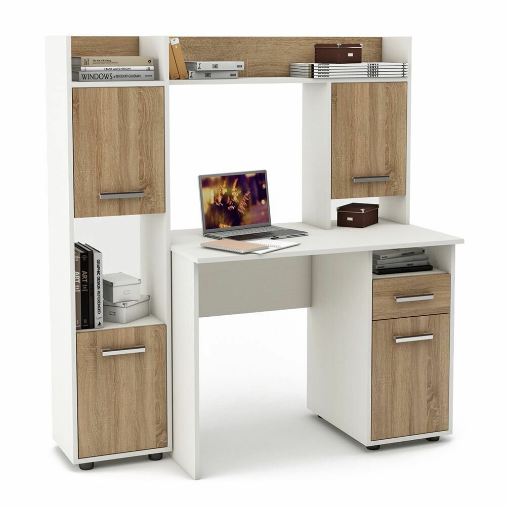 Стол письменный, компьютерный и стеллаж Остин (Ливерпуль) 9 белое дерево/дуб сонома