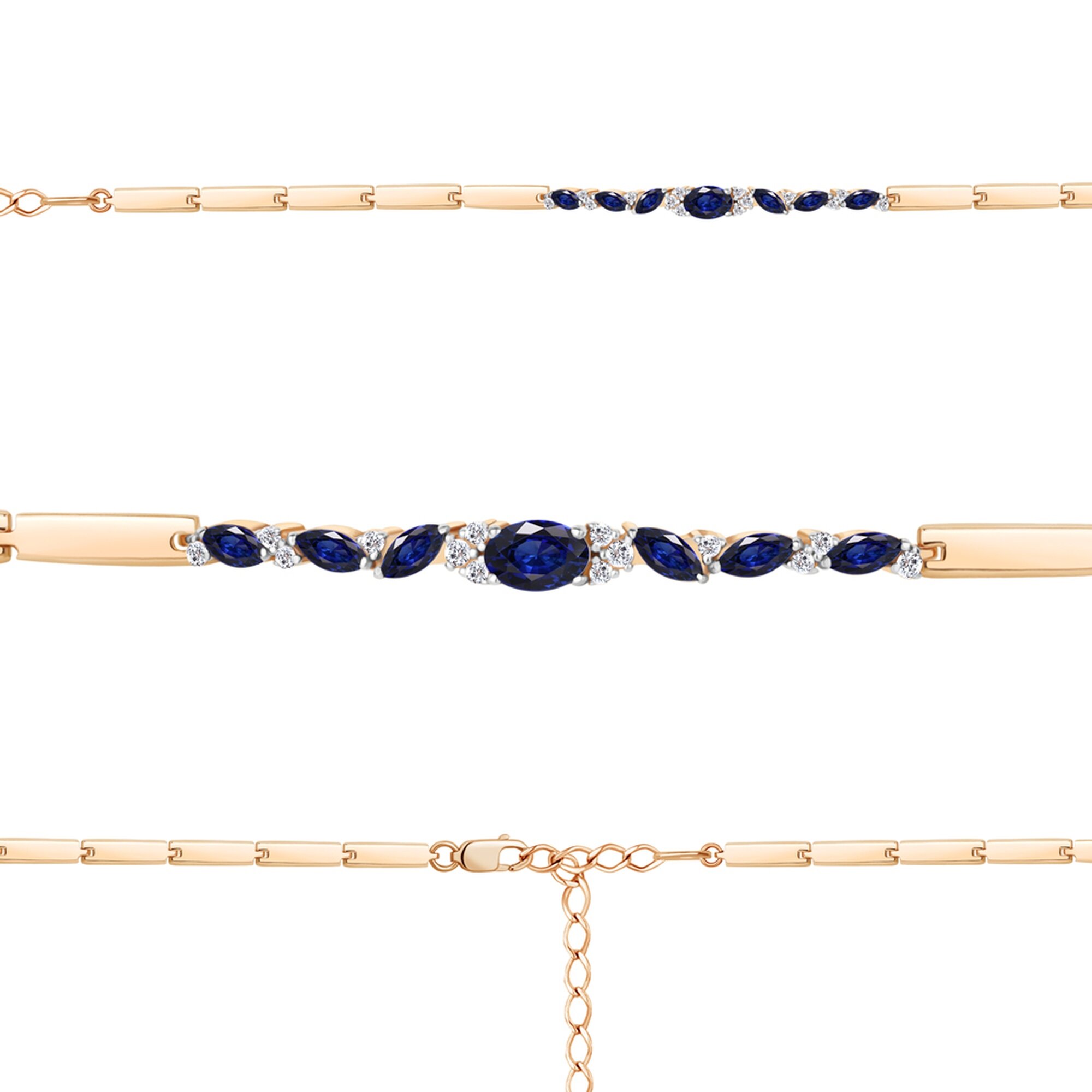 Жесткий браслет, серебро, 925 проба, золочение, сапфир синтетический, фианит