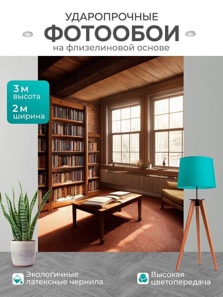 Фотообои моющиеся ударопрочные "Лофт, просторная библиотека с деревянными полками, заполненными книгами, уютными углами для чтения и большими окнами," 200x300 см. флизелиновые на стену