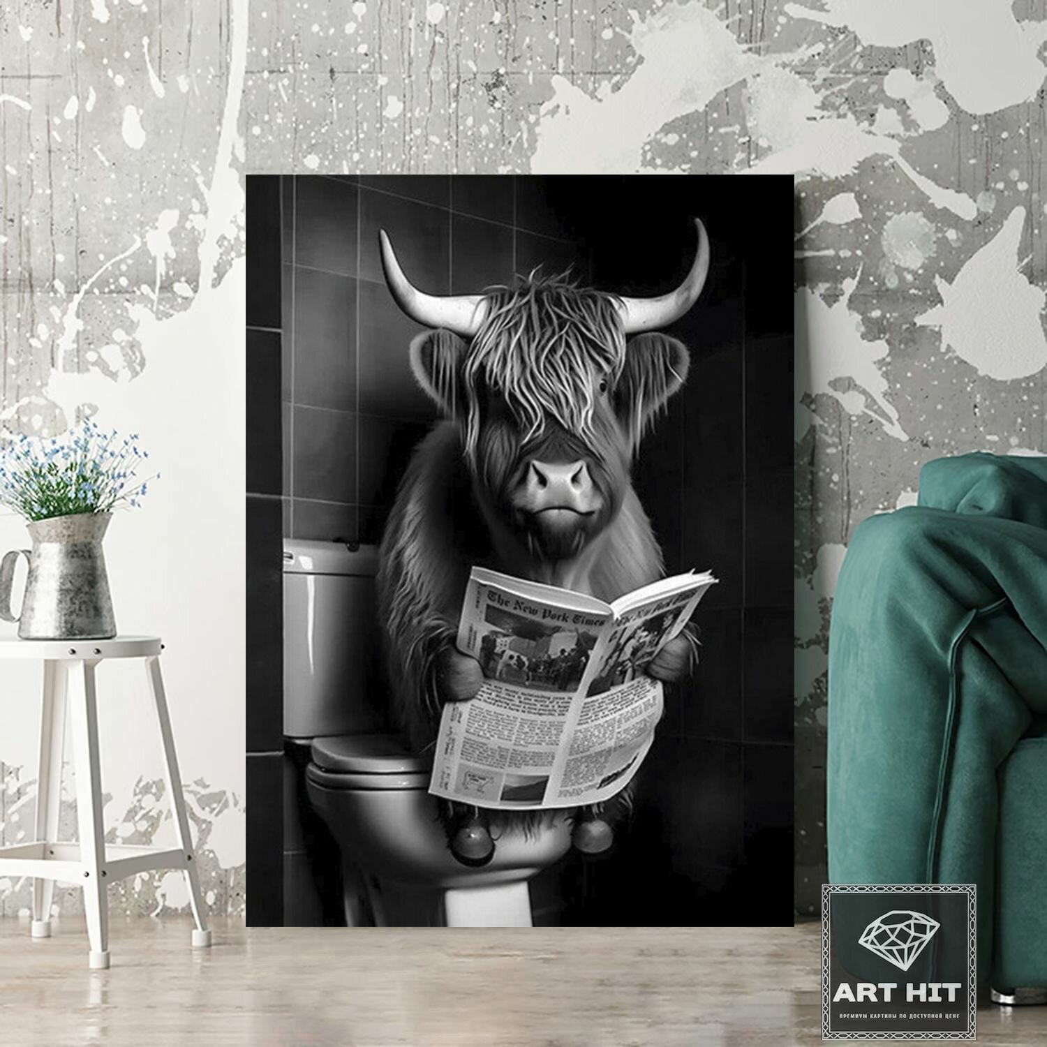 Картина в туалет, ванную комнату, Бык читает газету в туалете