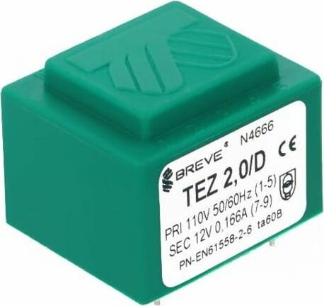 Трансформатор BREVE TEZ2/D110/12V залитый 2ВА 110ВAC 12В PCB IP00 90г A 28мм 1 шт