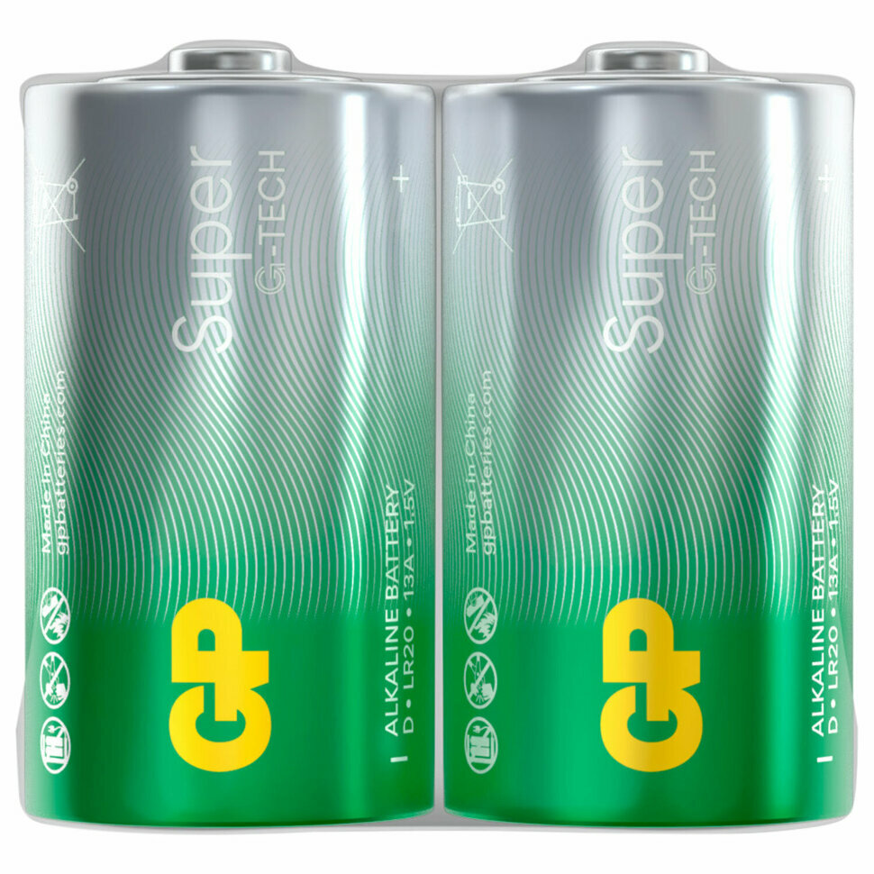 Батарейки комплект 2 шт, GP Super G-Tech, D (LR20, 13А), алкалиновые, в пленке, 13A-OS2, 456685