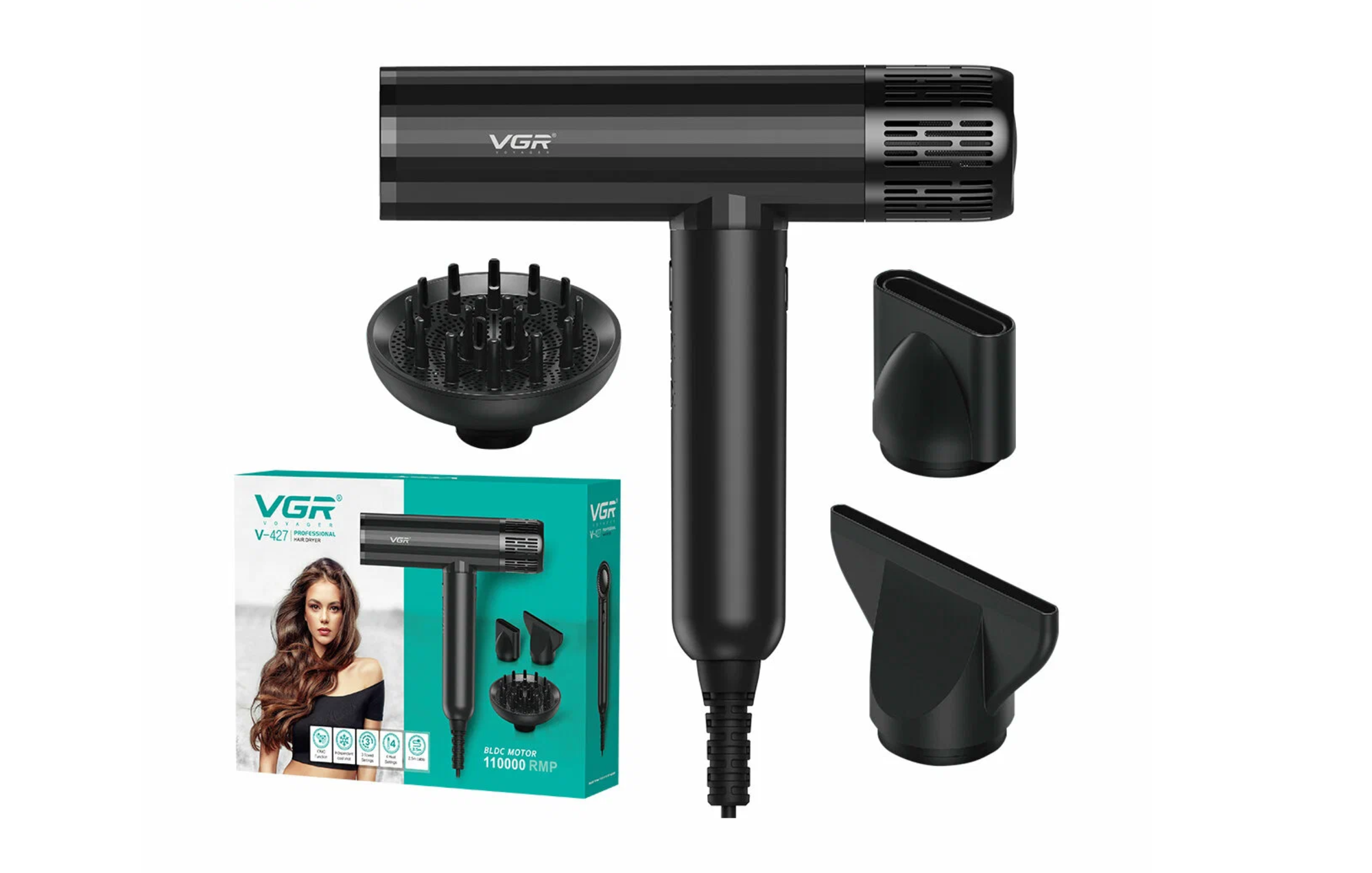 Фен для волос профессиональный с насадками/ Высокоскоростной фен для сушки волос VGR V427, черный